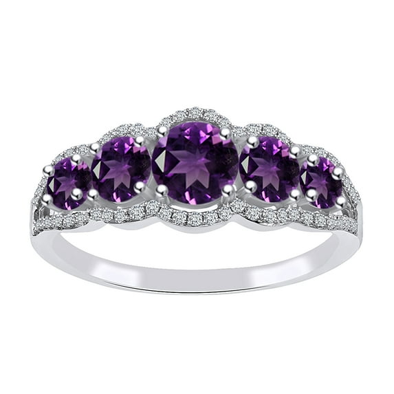 AFFY Round Shape Simulated Amethyst & White Natural Diamond Five Stone ...