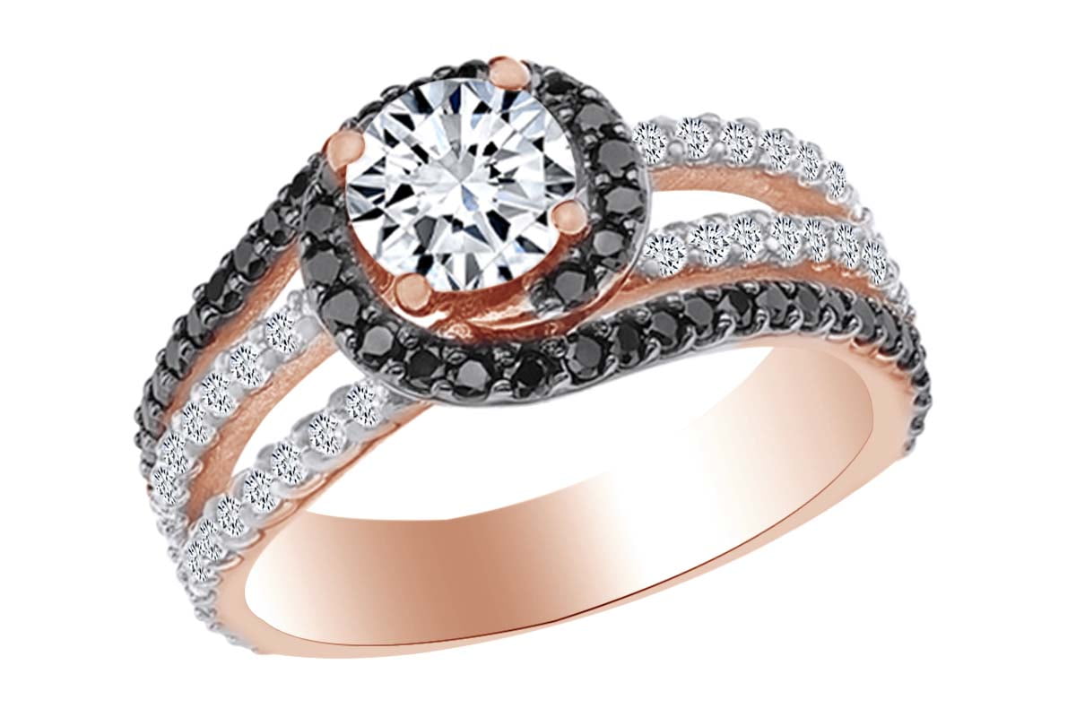 AFFY Round Shape Simulated Black & White CZ Halo Engagement Ring In 14k ...
