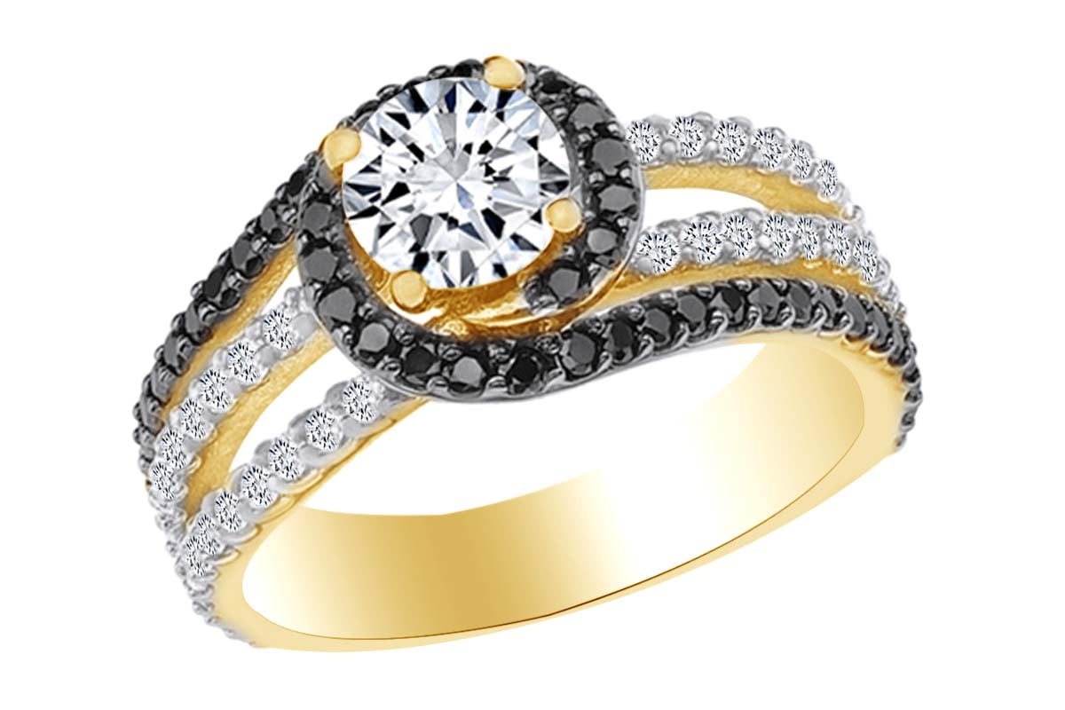 AFFY Round Shape Simulated Black & White CZ Halo Engagement Ring In 14k ...