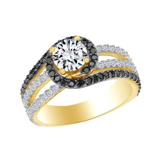 AFFY Round Shape Simulated Black & White CZ Halo Engagement Ring In 14k ...