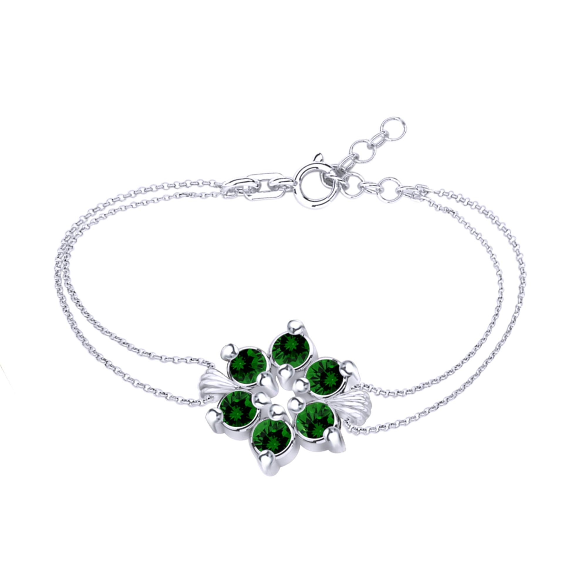 AFFY Round Shape Simulated Emerald Flower Chain Bracelets In 14k White ...