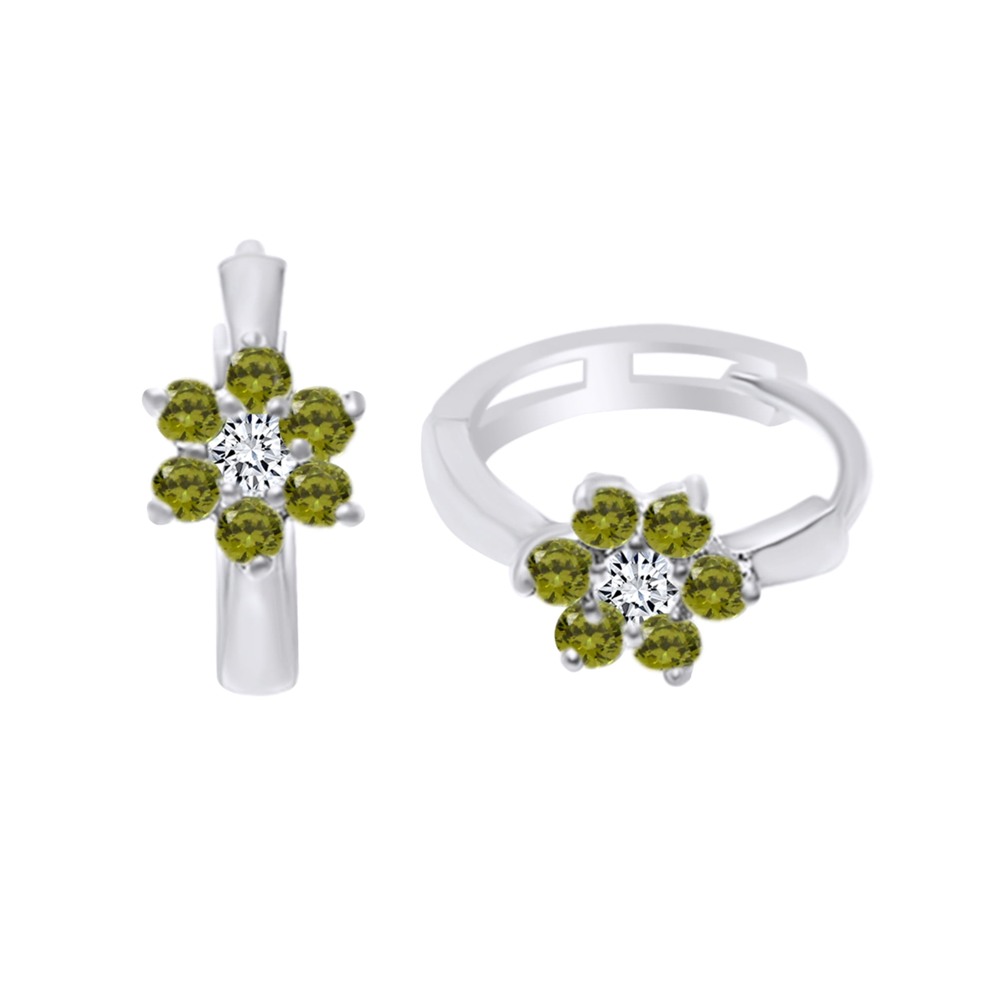 AFFY Round Shape Simulated Peridot & CZ Flower Huggie Hoop Earrings 14K ...