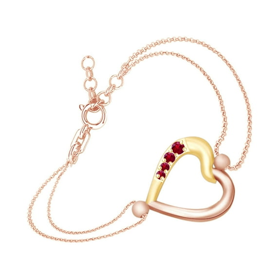 AFFY Round Shape Simulated Ruby Two Tone Heart Link Chain Bracelets In 14k Rose Gold Over ...