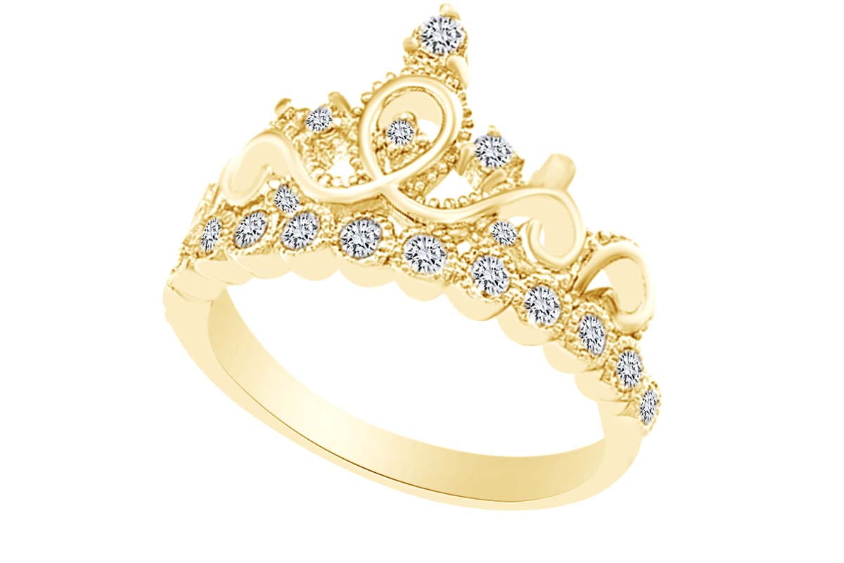 AFFY Round Shape White Cubic Zirconia Crown Princess Engagement Ring In ...