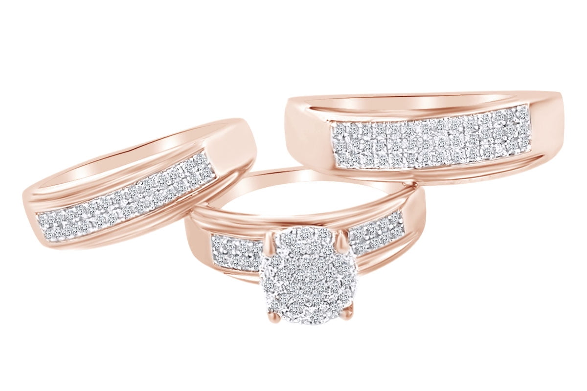 AFFY Round Shape White Cubic Zirconia Trio Engagement Wedding Ring Set ...