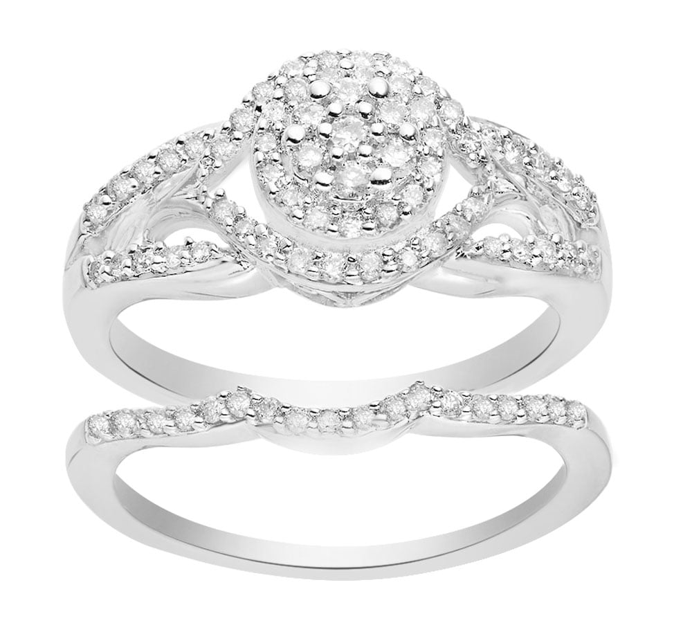 AFFY Round Shape White Diamond Cluster Bridal Engagement Ring Set In ...