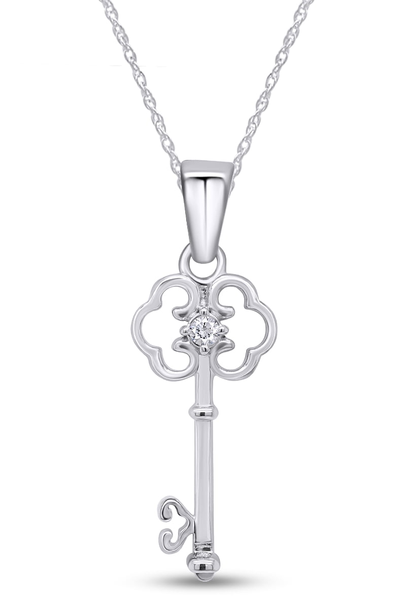 AFFY Round Shape White Natural Diamond Accent Key Pendant Necklace 14k ...