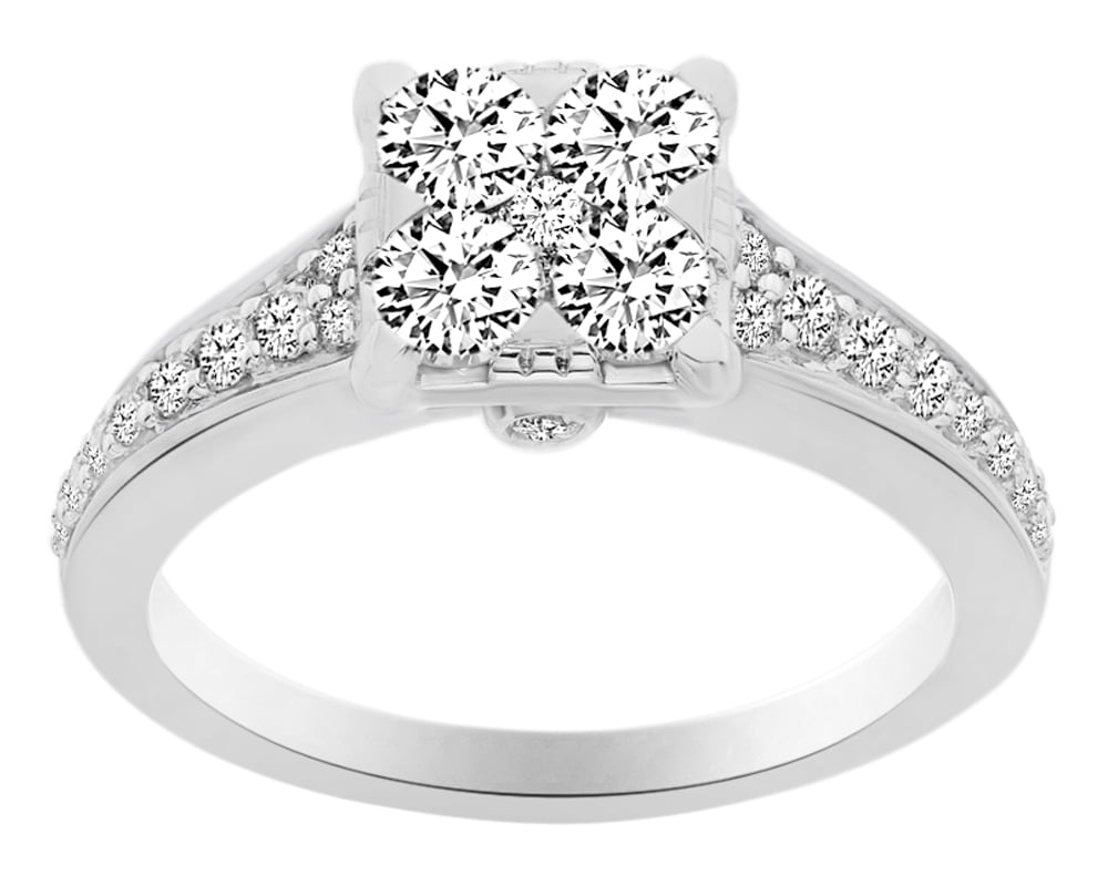 Round Shape White Natural Diamond Square Cluster Engagement Ring In 10K ...