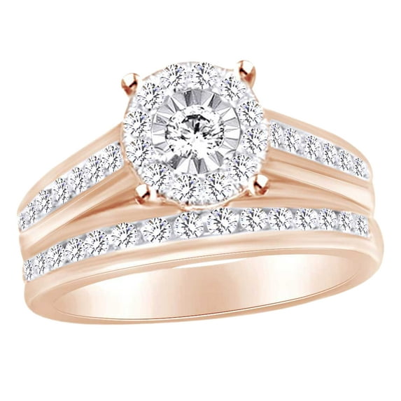 AFFY Round Shape White Natural Diamond Wedding Ring Set In 10k Rose ...