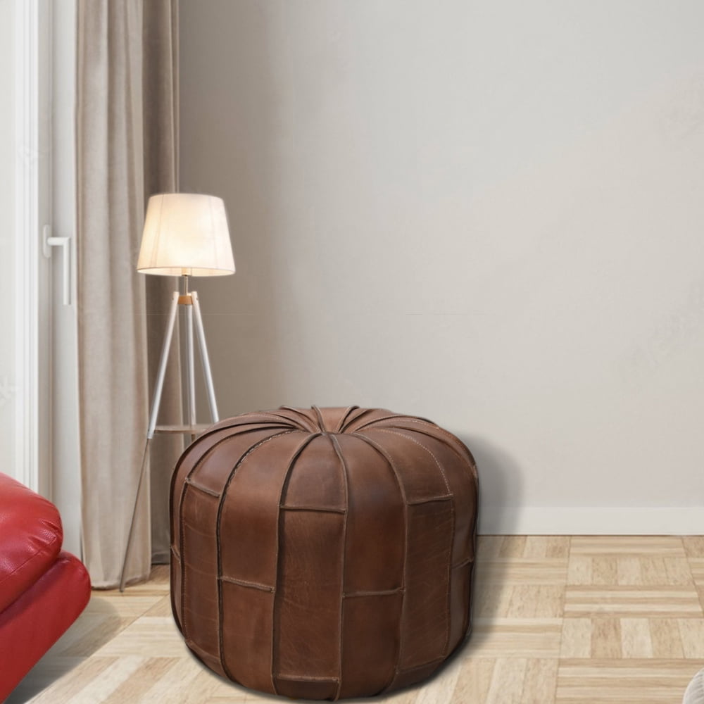 Round Shaped Buffalo Leather Handmade Eco-Friendly Brown Pouf - Round ...