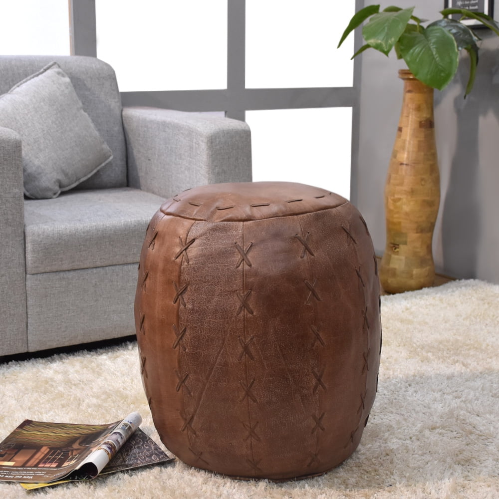 Round Shaped Buffalo Leather Handmade Eco-Friendly Brown Pouf - Round ...