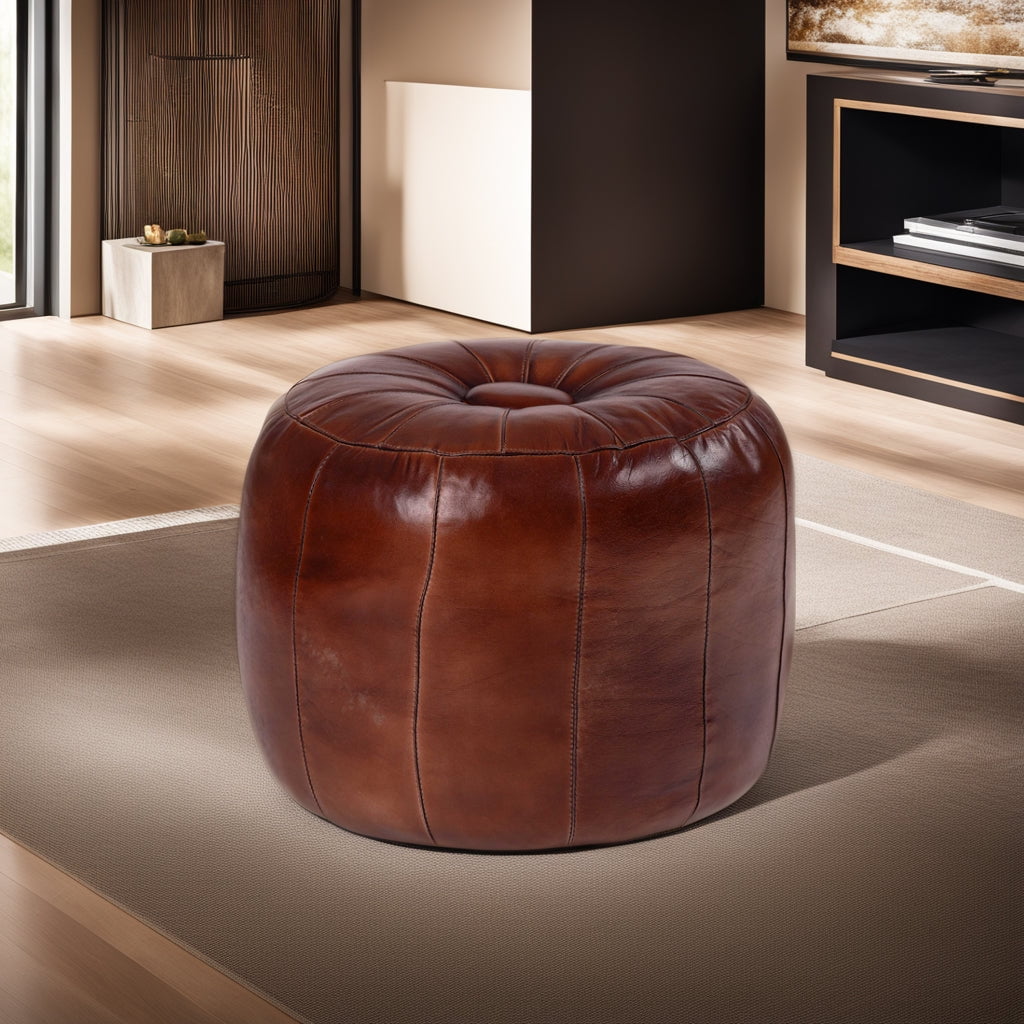 Round Shaped Buffalo Leather Handmade Eco-Friendly Brown Pouf - Round ...