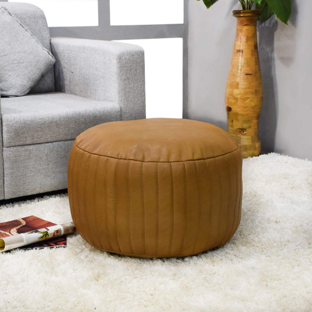 Round Shaped Goat Leather Handmade Eco-Friendly Beige Pouf - Round ...