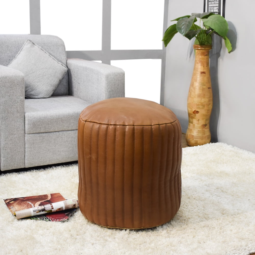Round Shaped Goat Leather Handmade Eco-Friendly Beige Pouf - Round ...