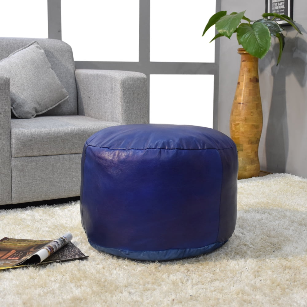 Round Shaped Goat Leather Handmade Eco-Friendly Blue Pouf - Round Shape ...