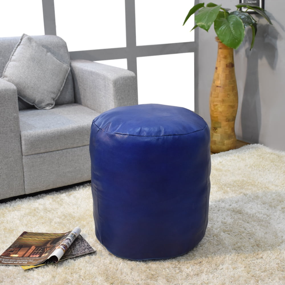 Round Shaped Goat Leather Handmade Eco-Friendly Blue Pouf - Round Shape ...