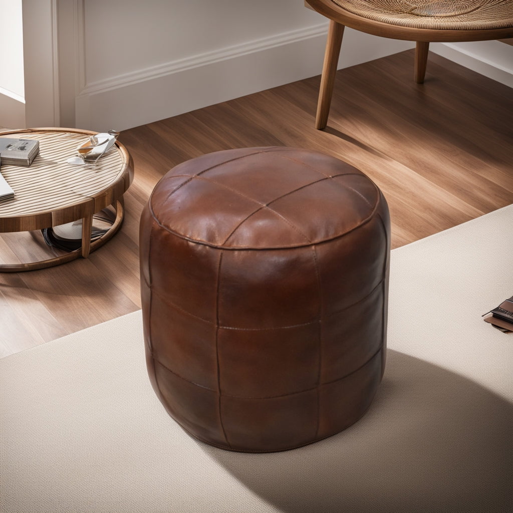 Round Shaped Goat Leather Handmade Eco-Friendly Brown Pouf - Round ...