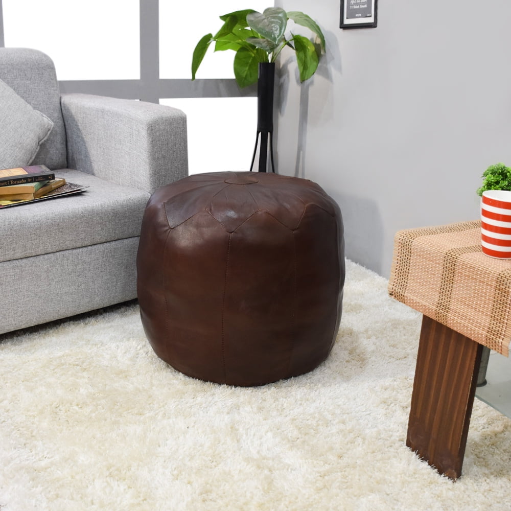 Round Shaped Goat Leather Handmade Eco-Friendly Brown Pouf - Round ...