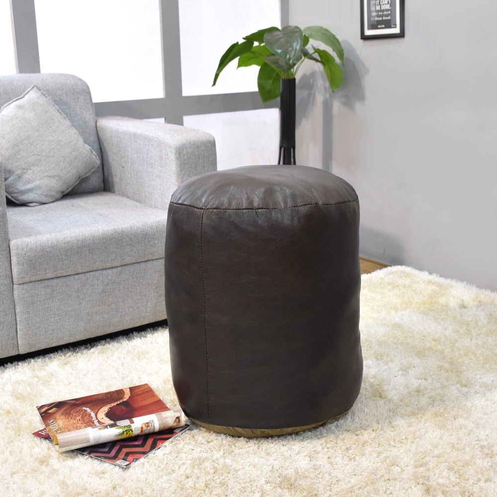 Round Shaped Goat Leather Handmade Eco-Friendly Chocolate Brown Pouf ...