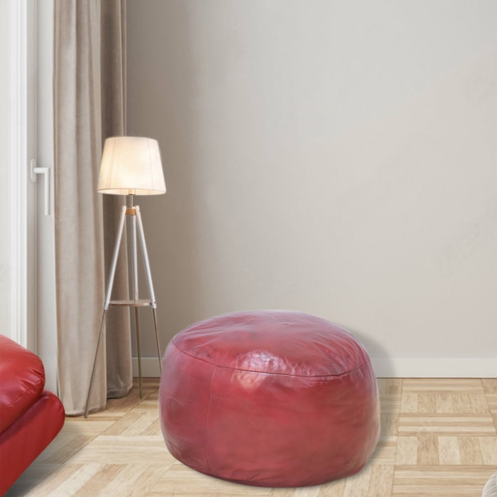Round Shaped Goat Leather Handmade Eco-Friendly Dark Pink Pouf - Round ...