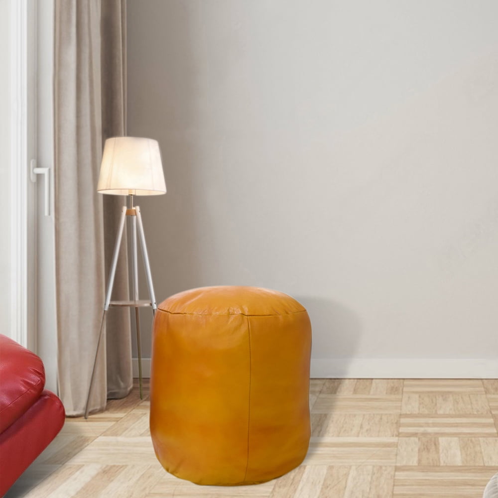 Round Shaped Goat Leather Handmade Eco-Friendly Mustard Pouf - Round ...