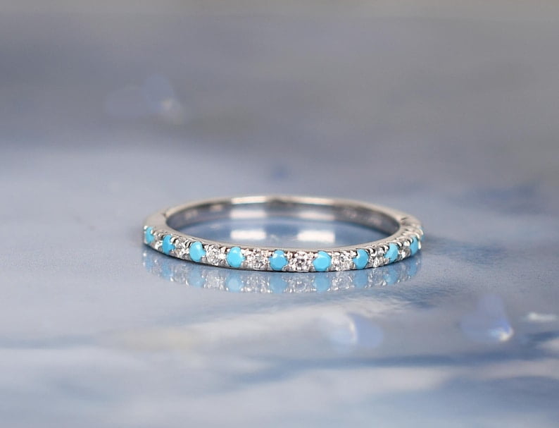 Round Shaped Turquoise With Lab Diamond Band Ring, Half Eternity ...