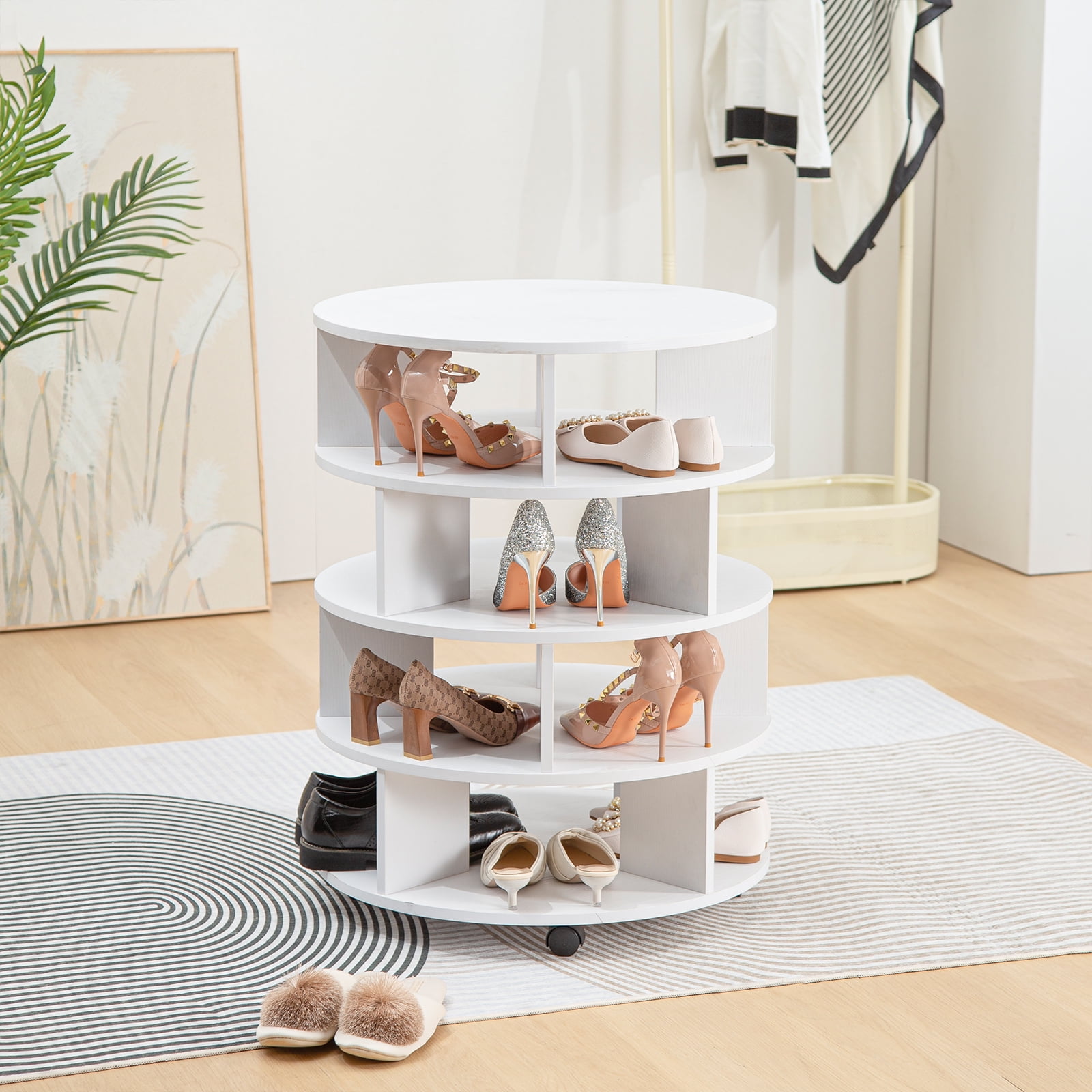 Round Shoe Storage Cabinet Entryway Organizer 360 Degree Rotating Shoe ...