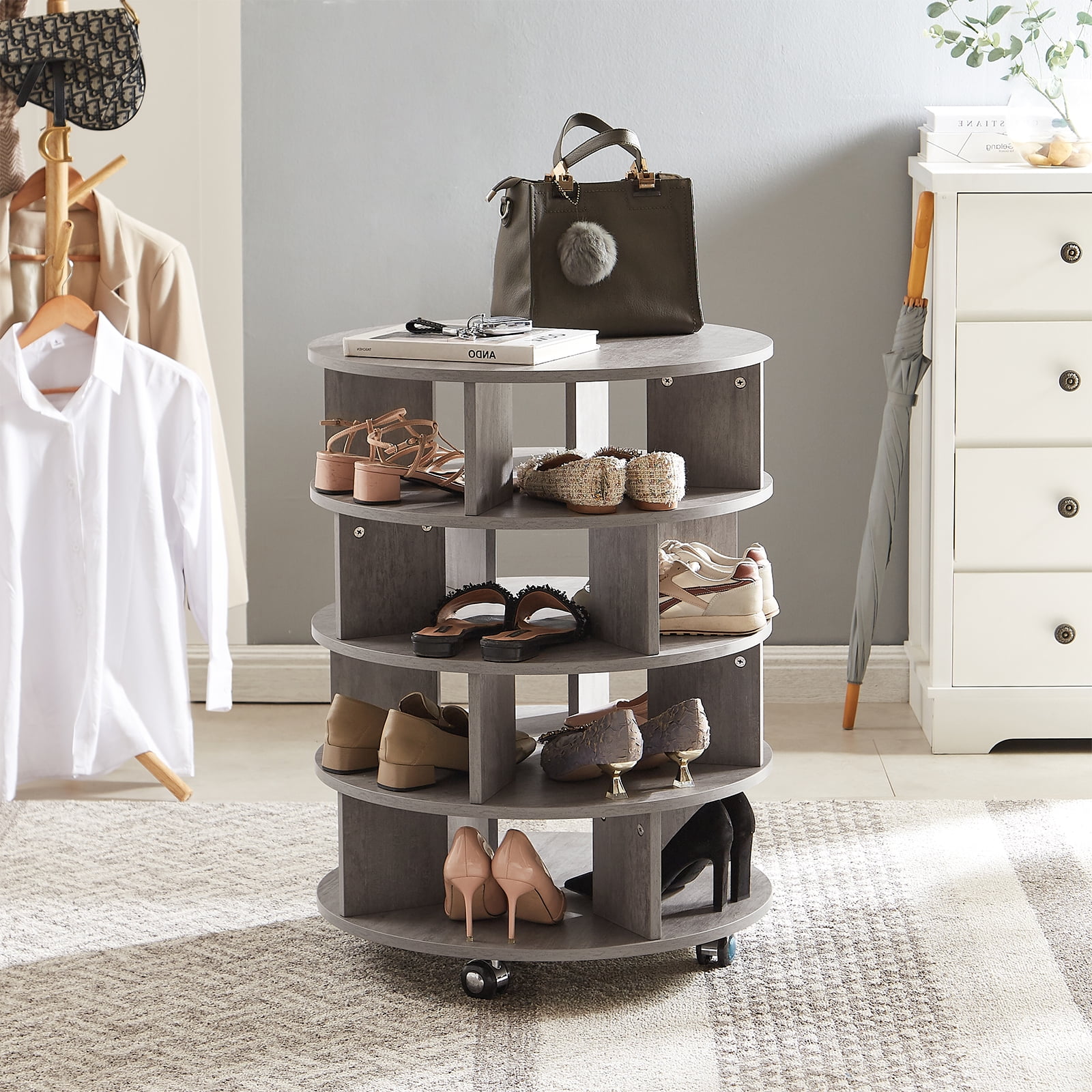 Round Shoe Storage Cabinet Entryway Organizer 360 Degree Rotating Shoe ...