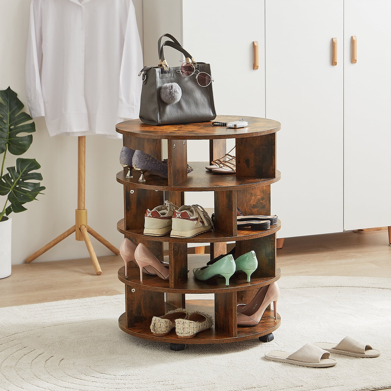 Round Shoe Storage Cabinet Entryway Organizer 360 Degree Rotating Shoe ...