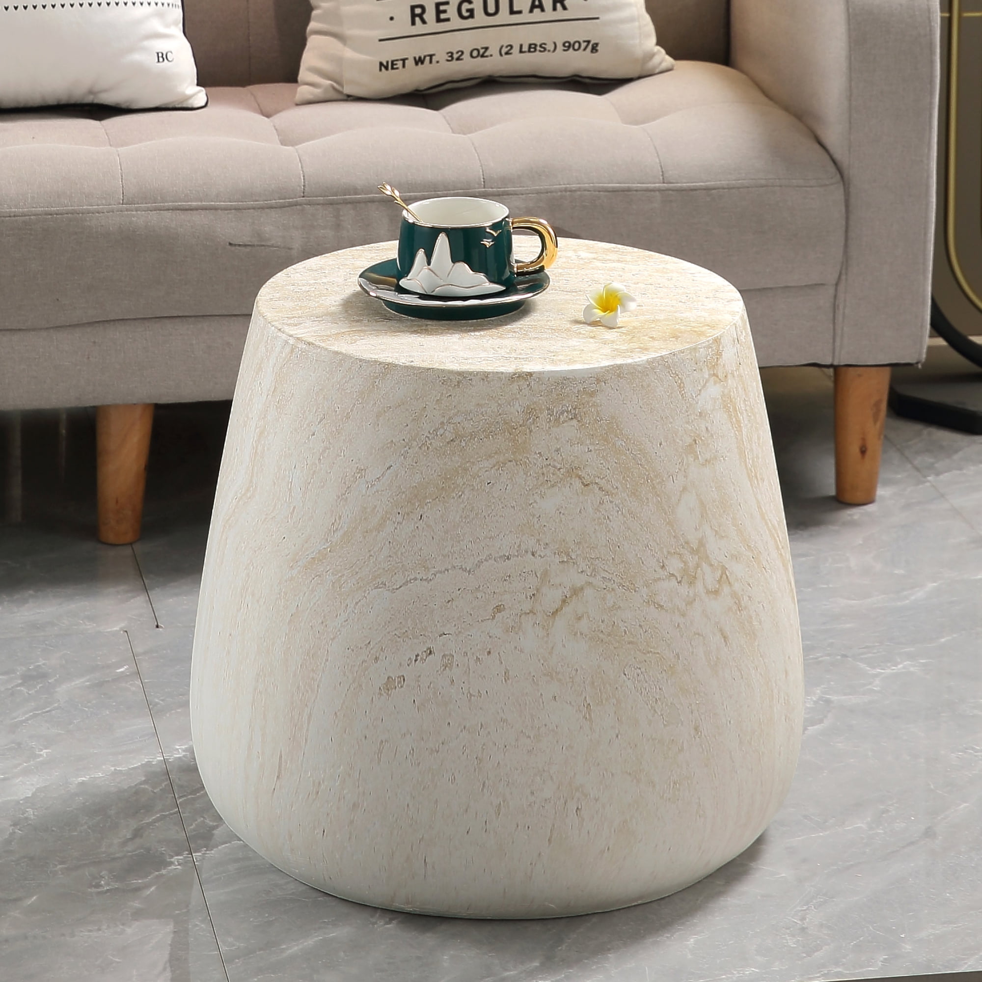 Round Side End Table, Magnesium Oxide Travertine Finish Tapered Accent ...