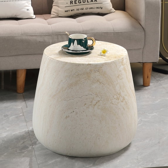Round Side End Table, Magnesium Oxide Travertine Finish Tapered Accent ...