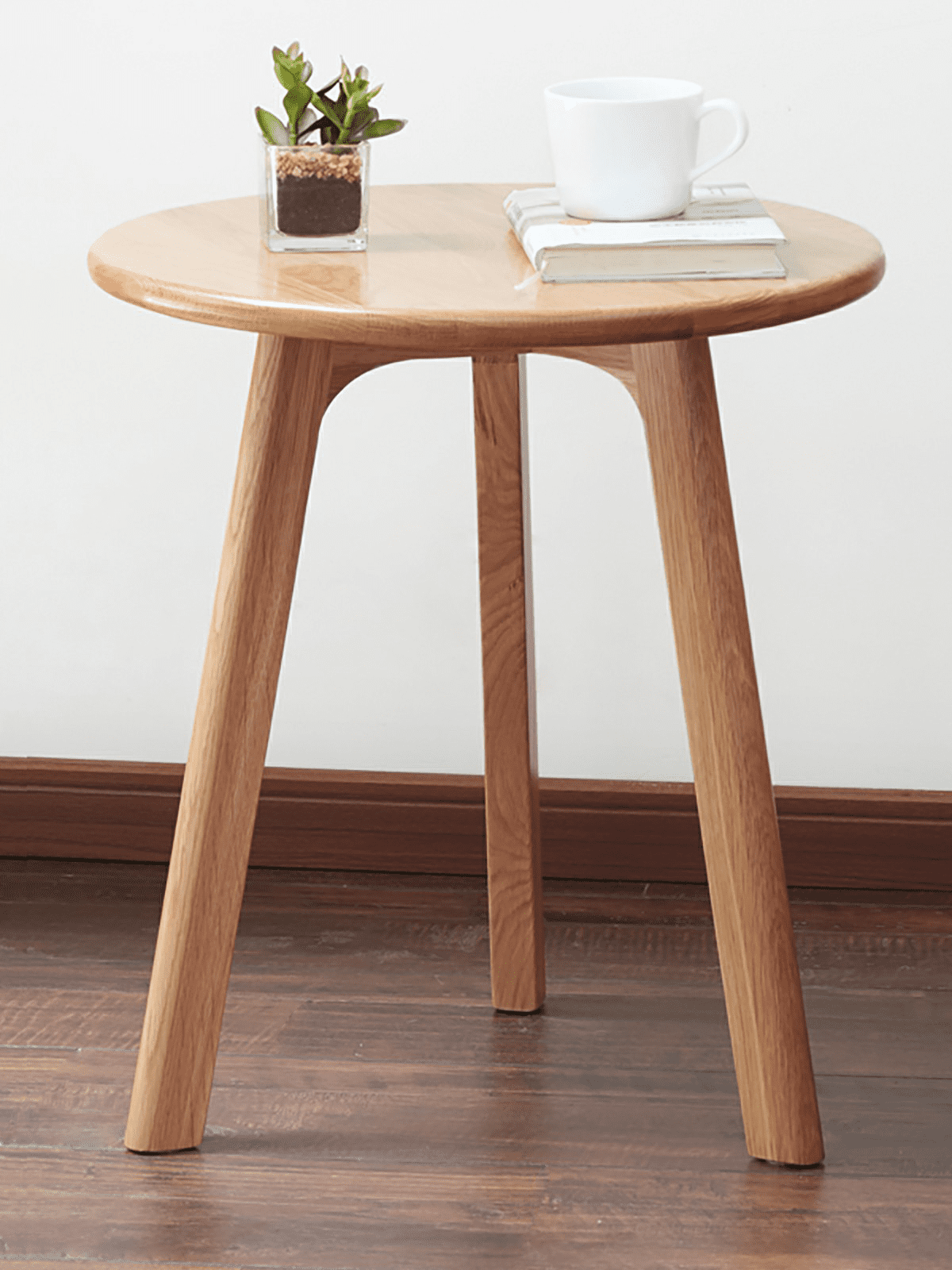 Round Side Table,100% Natural Solid Oak Side Table End Table,3 Legs ...