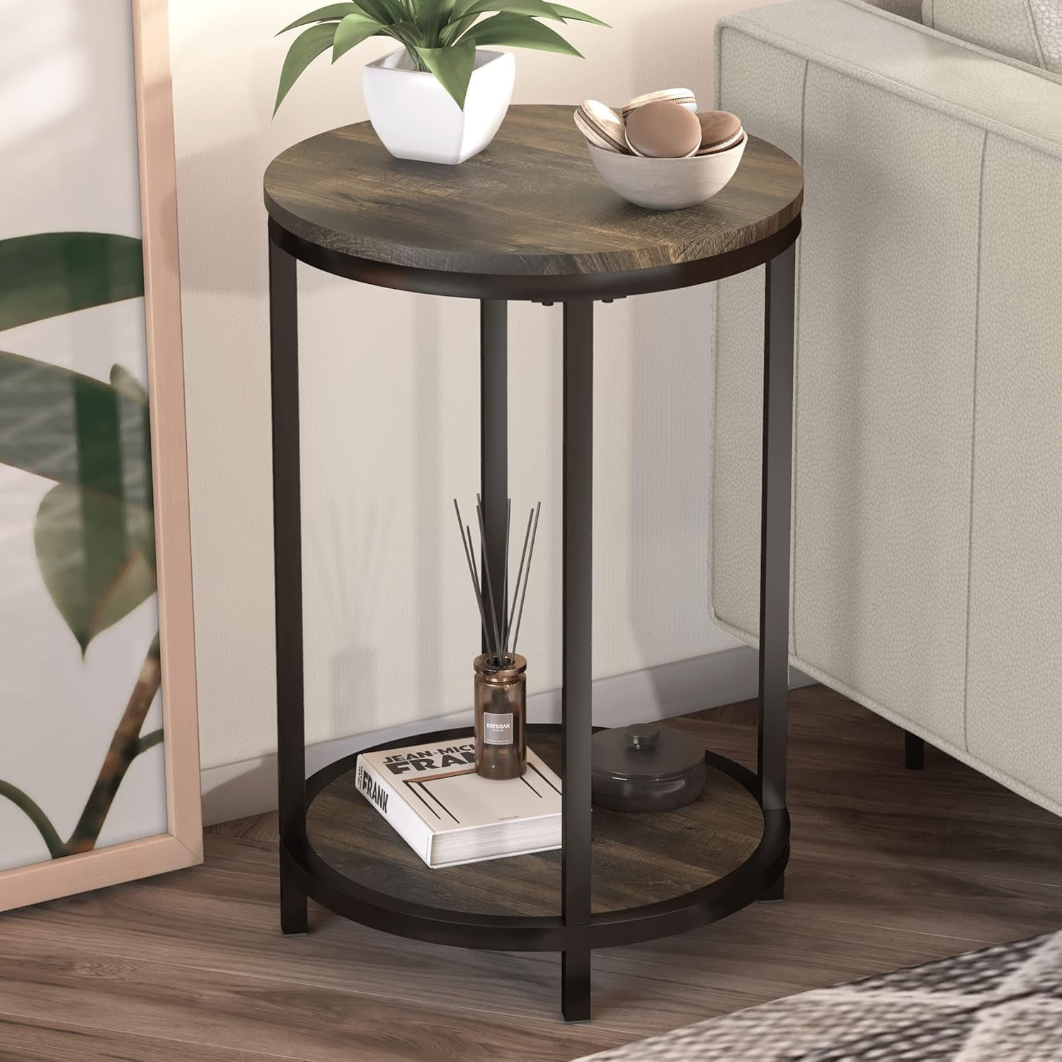 Round Side Table,16in Rustic Wooden End Table Surface Top & Sturdy ...