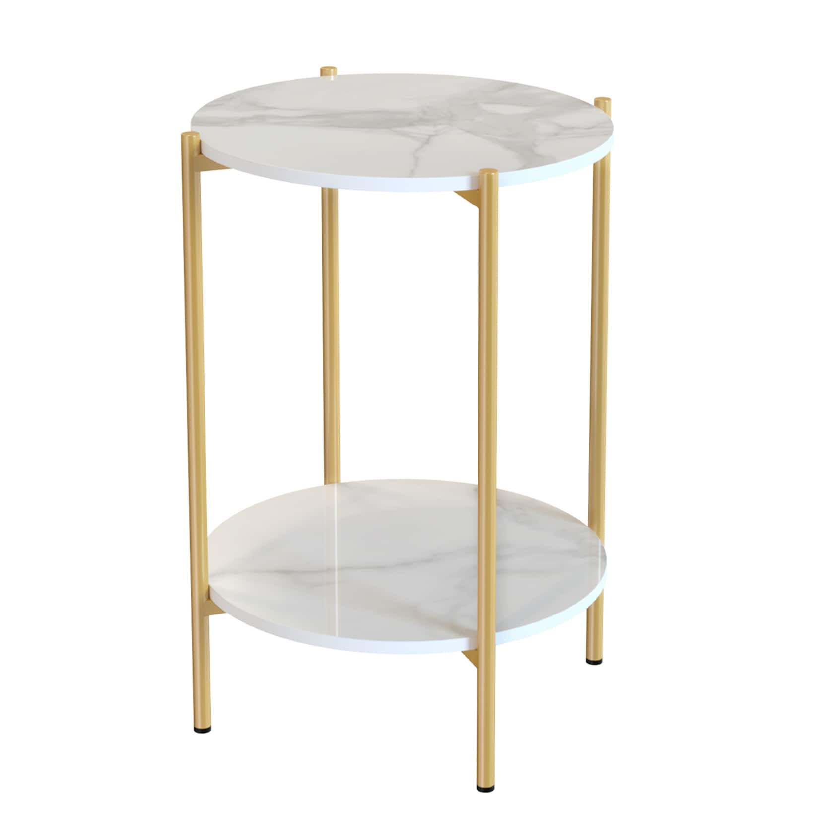 Round Side Table 2 Shelves Sintered Stone Sofa End Table Gold/White ...