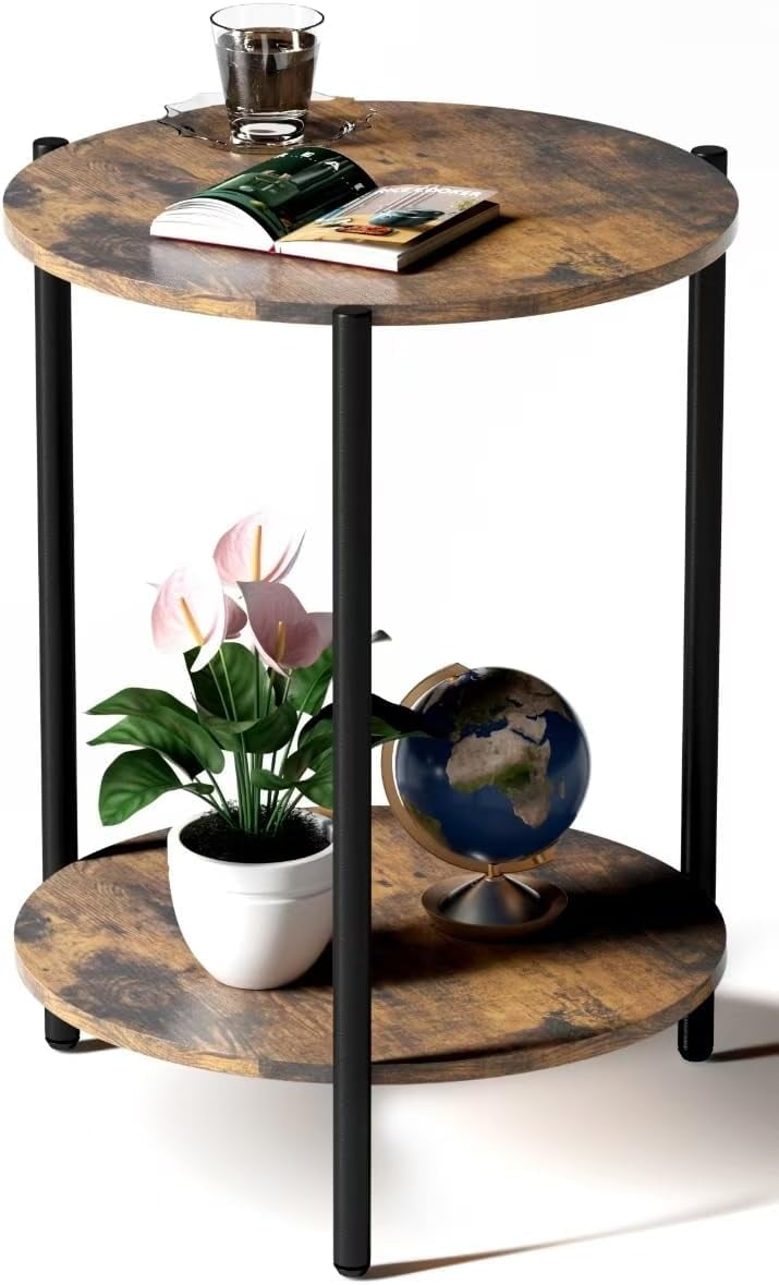 Round Side Table, 2-Tier Circle End Tables with Storage Wood Rustic 15. ...