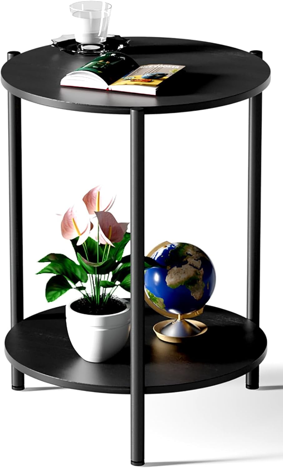 Round Side Table, 2-Tier Circle End Tables with Storage Wood Rustic ...