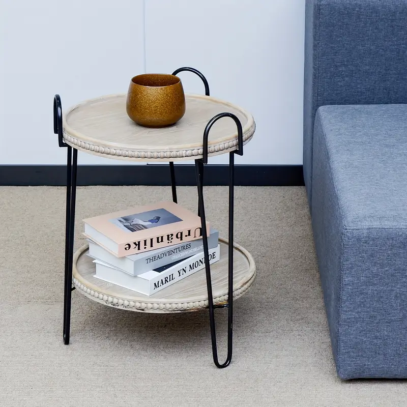 Round Side Table, 2 Tier End Table, Metal Frame Side Table, Distressed ...