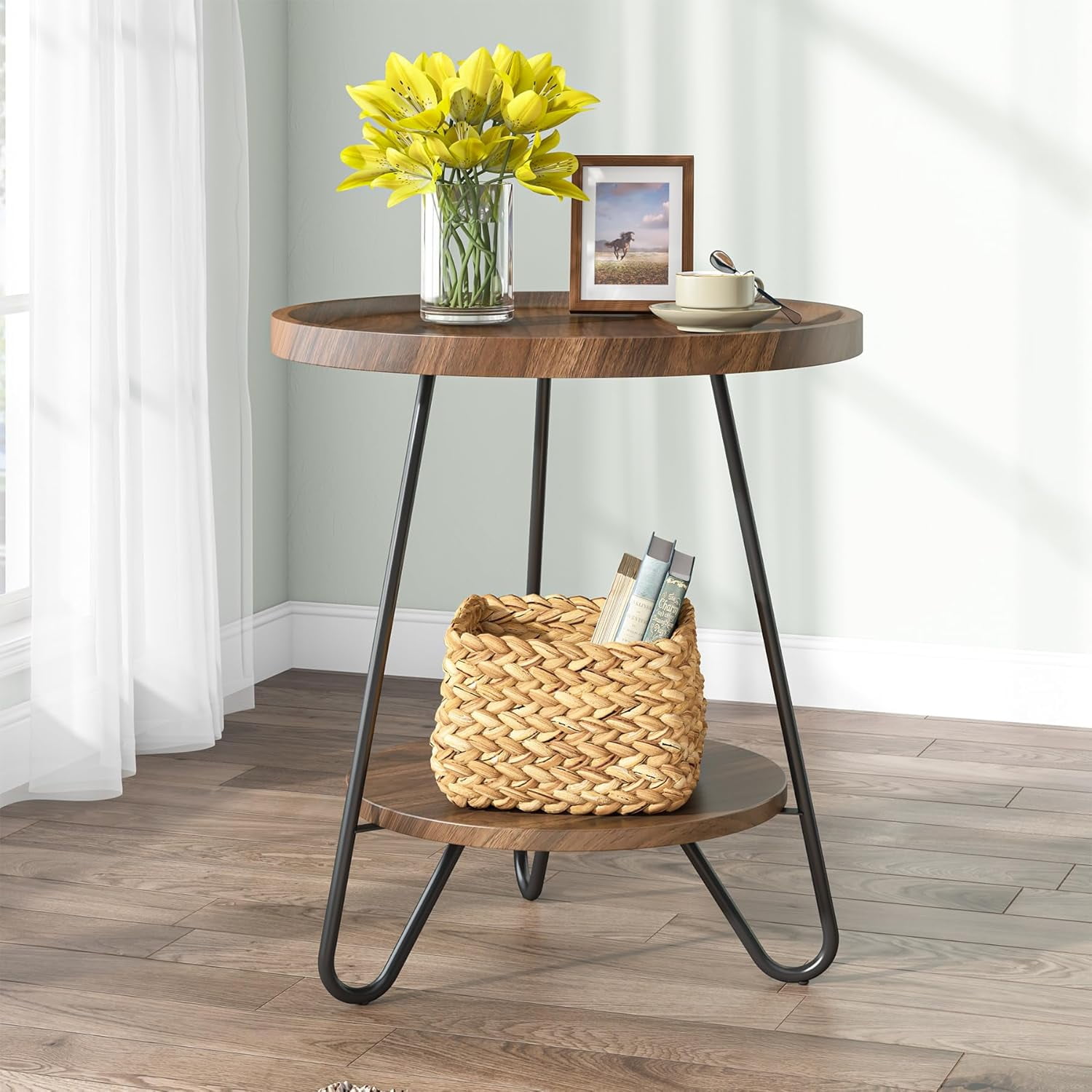 Round Side Table, 2-Tier End Table with Metal Legs, Modern Industrial ...