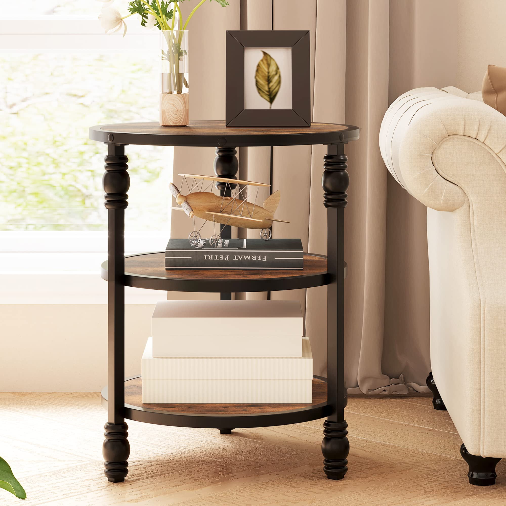 Round Side Table, 3-Tier End Table Living Room Accent Table with ...