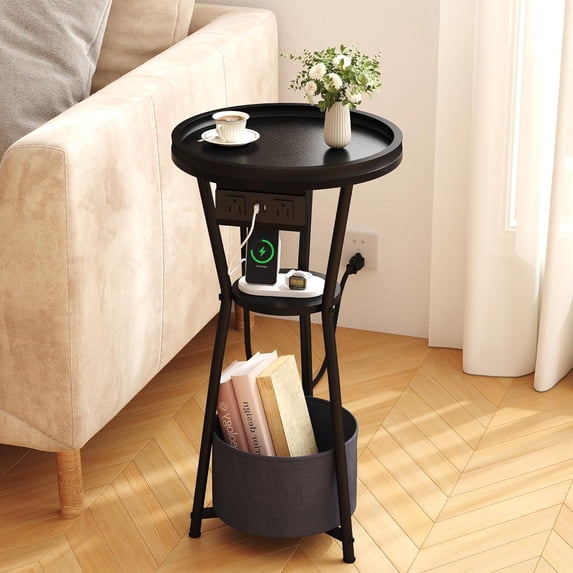 Round Side Table with Charging Station, Small Drink Table for Small ...