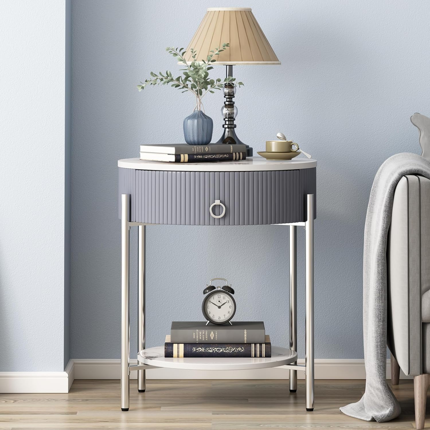 Round Side Table with Drawer, Modern Nightstand with Shelf and Chrome ...