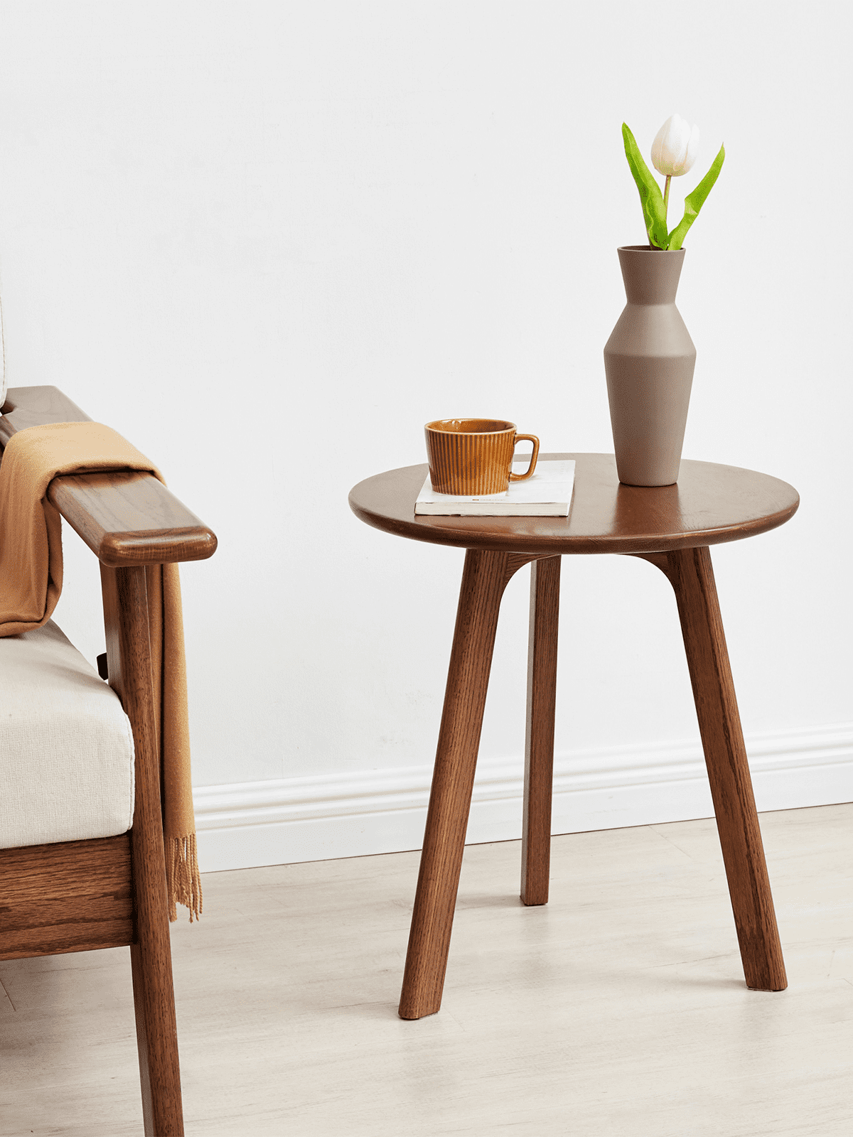 Round Side Table,Elegant Walnut Round End Table,100% Solid Oak Wood Side Table for Living Room ...