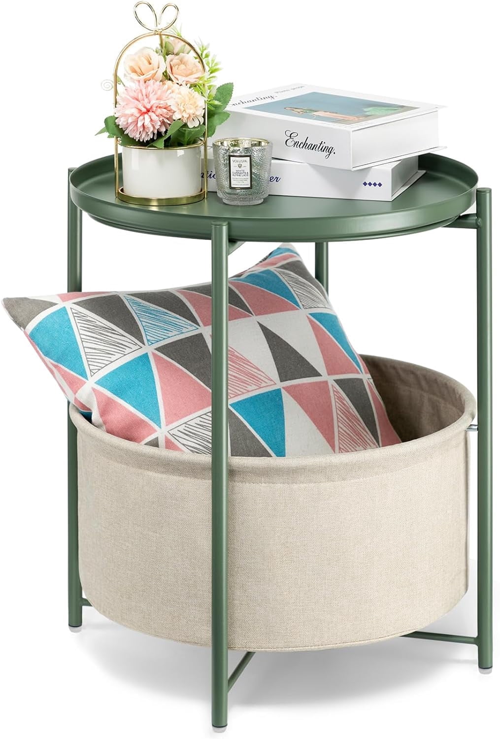 Round Side Table with Fabric Storage Basket, Metal Side Table Small ...