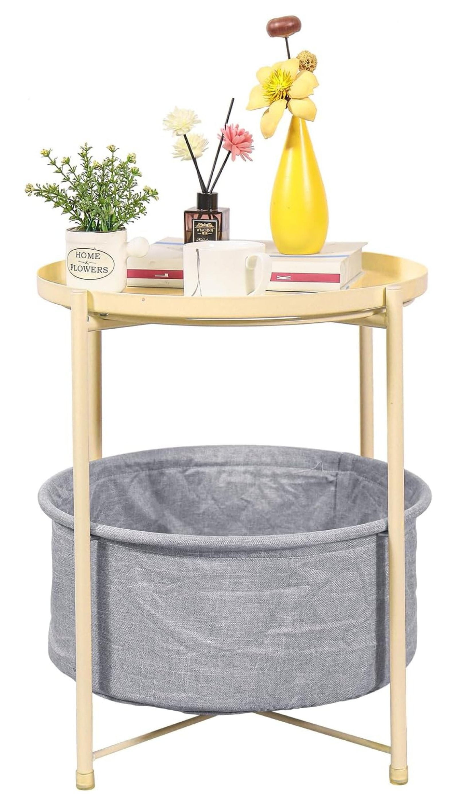 Round Side Table with Fabric Storage Basket, Sofa Table with Metal ...