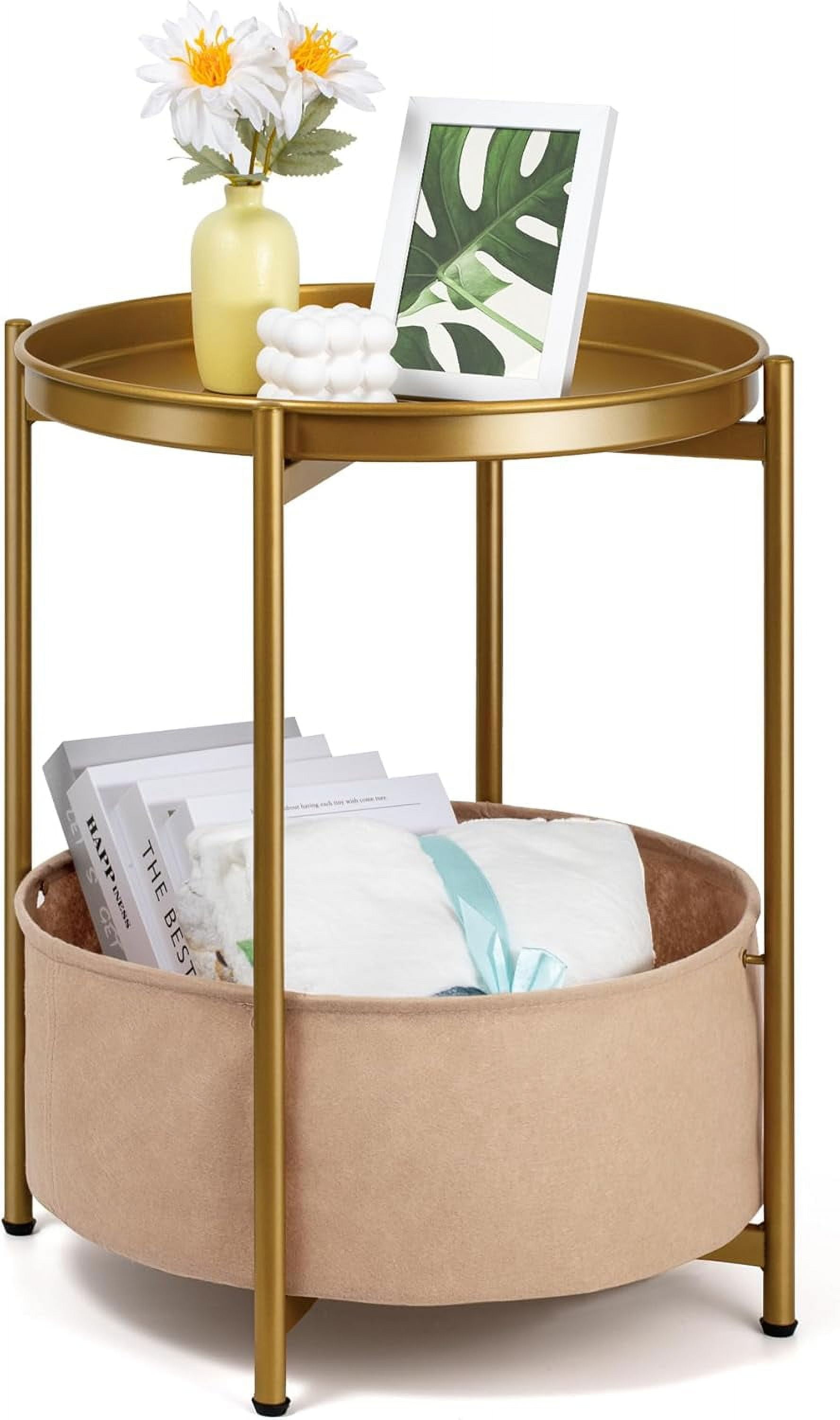 Round Side Table, Gold End Table with Storage Basket, Metal Night Stand ...