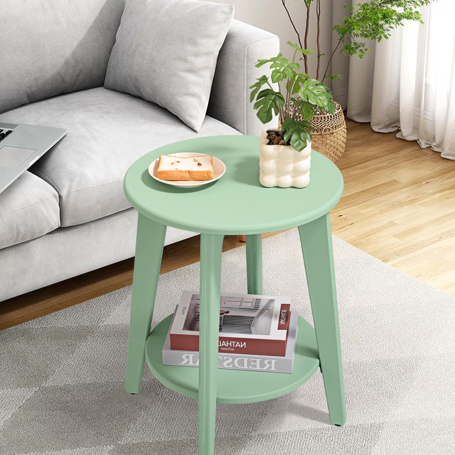 Round Side Table Green Wooden End Table with Lower Shelf Rustic Vintage ...
