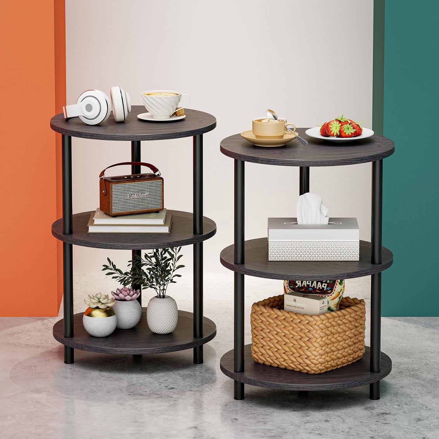 Round Side Table Living Room - Small Accent Table with 3 Tier Shelves ...