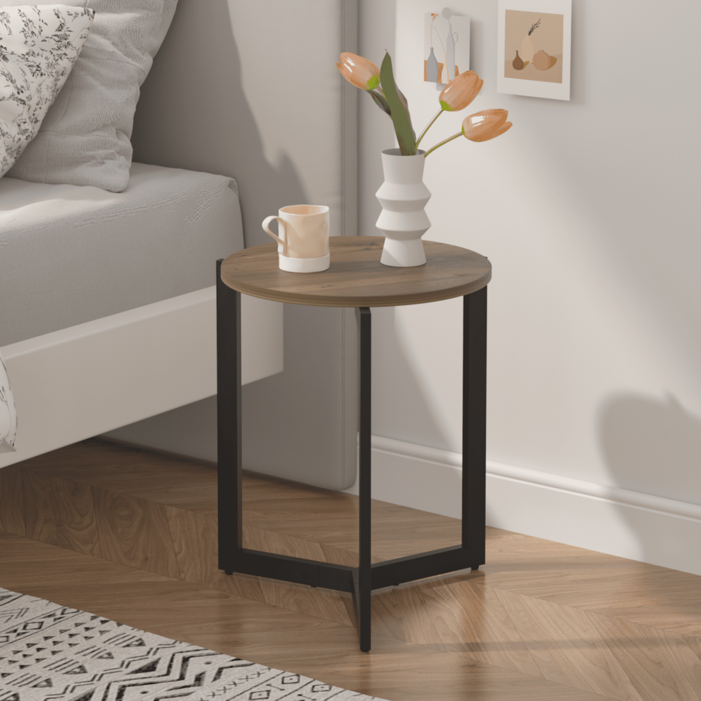 Round Side Table with Metal Legs&Non-slip Adjustable Feet,End Table ...