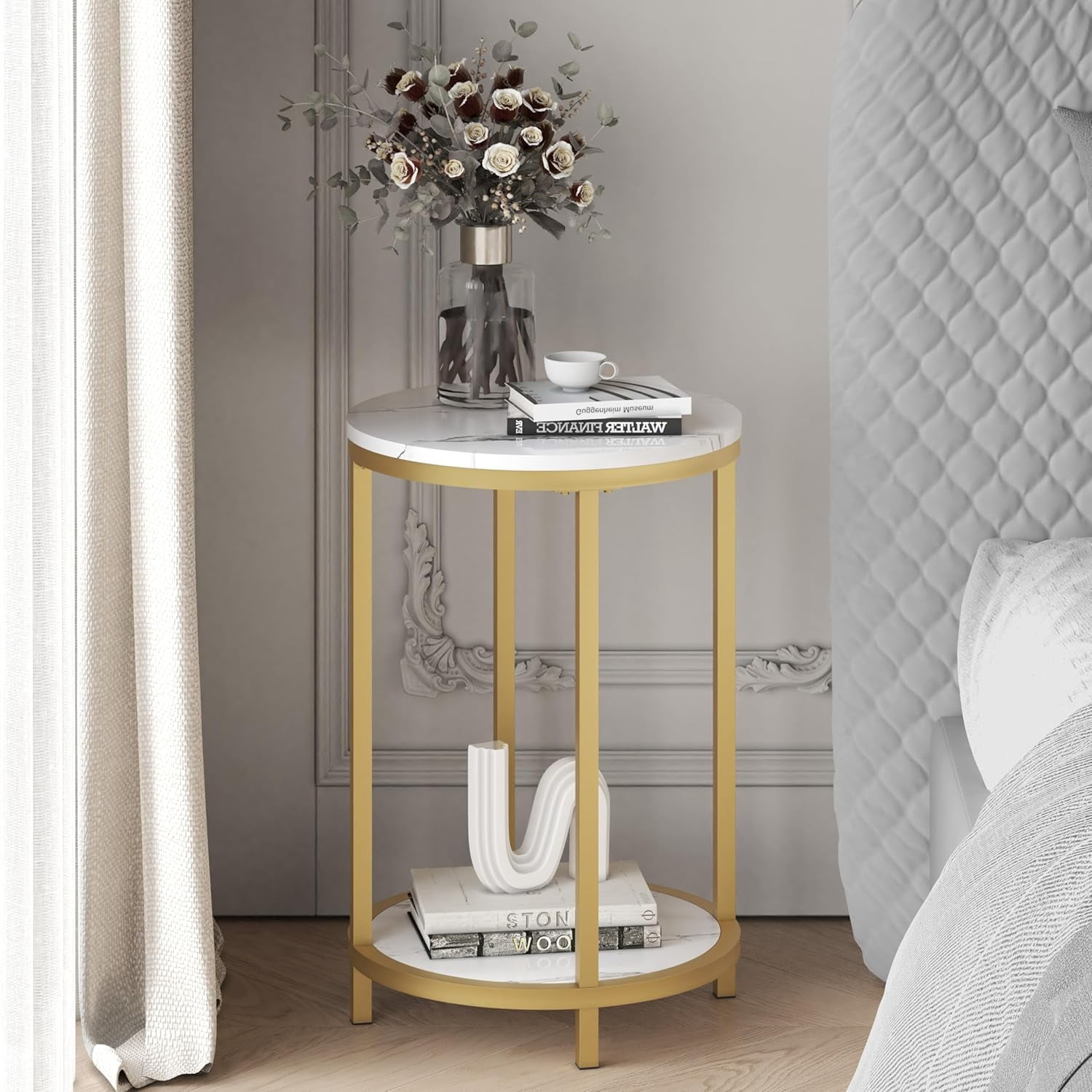 Round Side Table, Modern Nightstand End Table with Gold Metal Frame ...