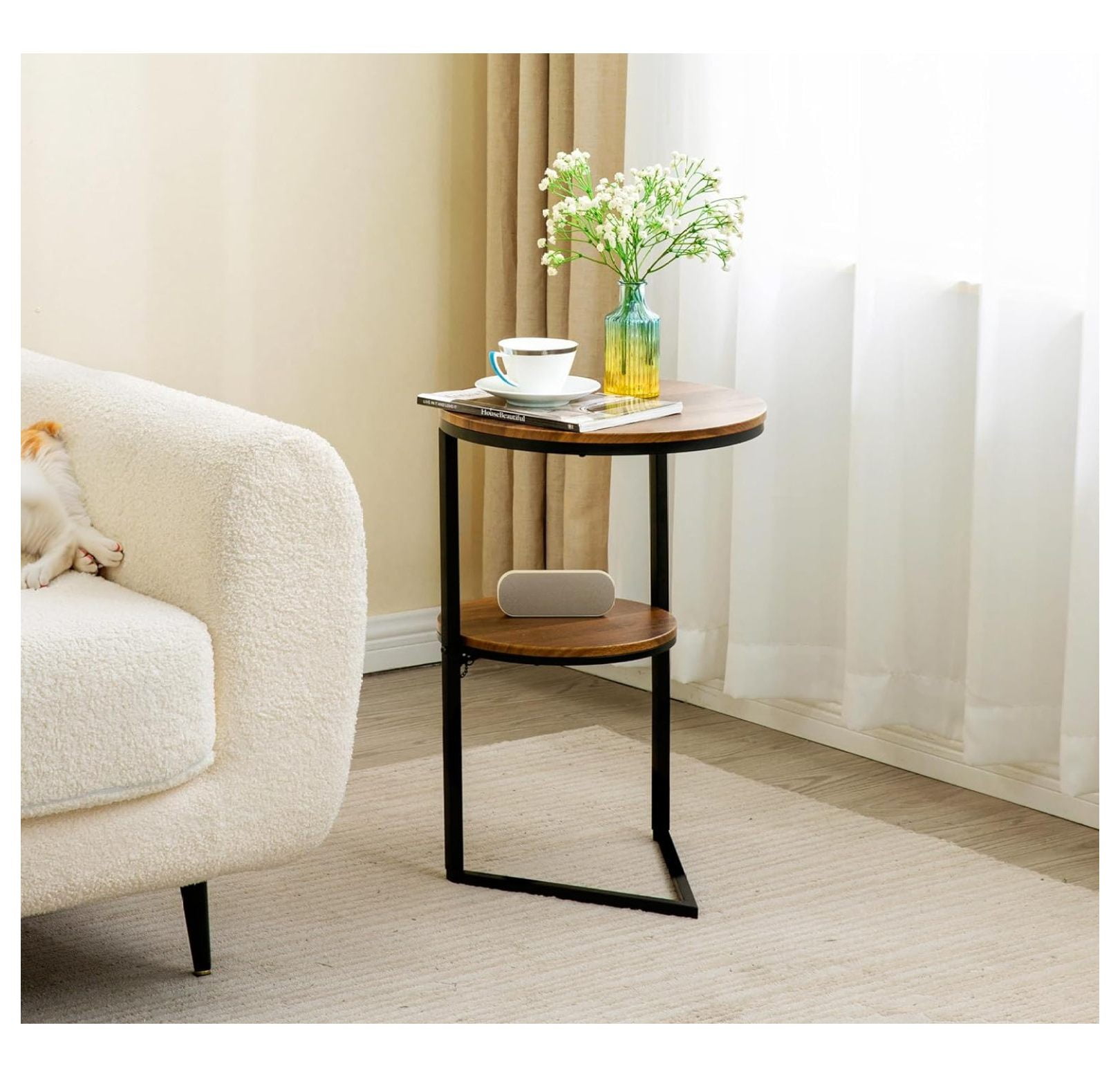 Round Side Table with Rotatable Shelf and C Shaped, Modern End Table ...